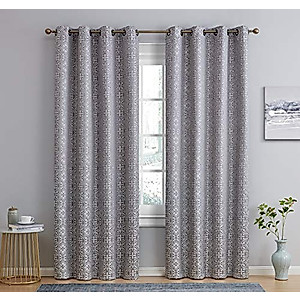HLC.ME Mia Moroccan Tile 100% Complete Blackout Heavy Thermal Insulated Energy Savings Heat/Cold Blocking Grommet Short Curtain Drapery Panels for Bedroom & Living Room, 2 Panels (52 W x 63 L, Grey)