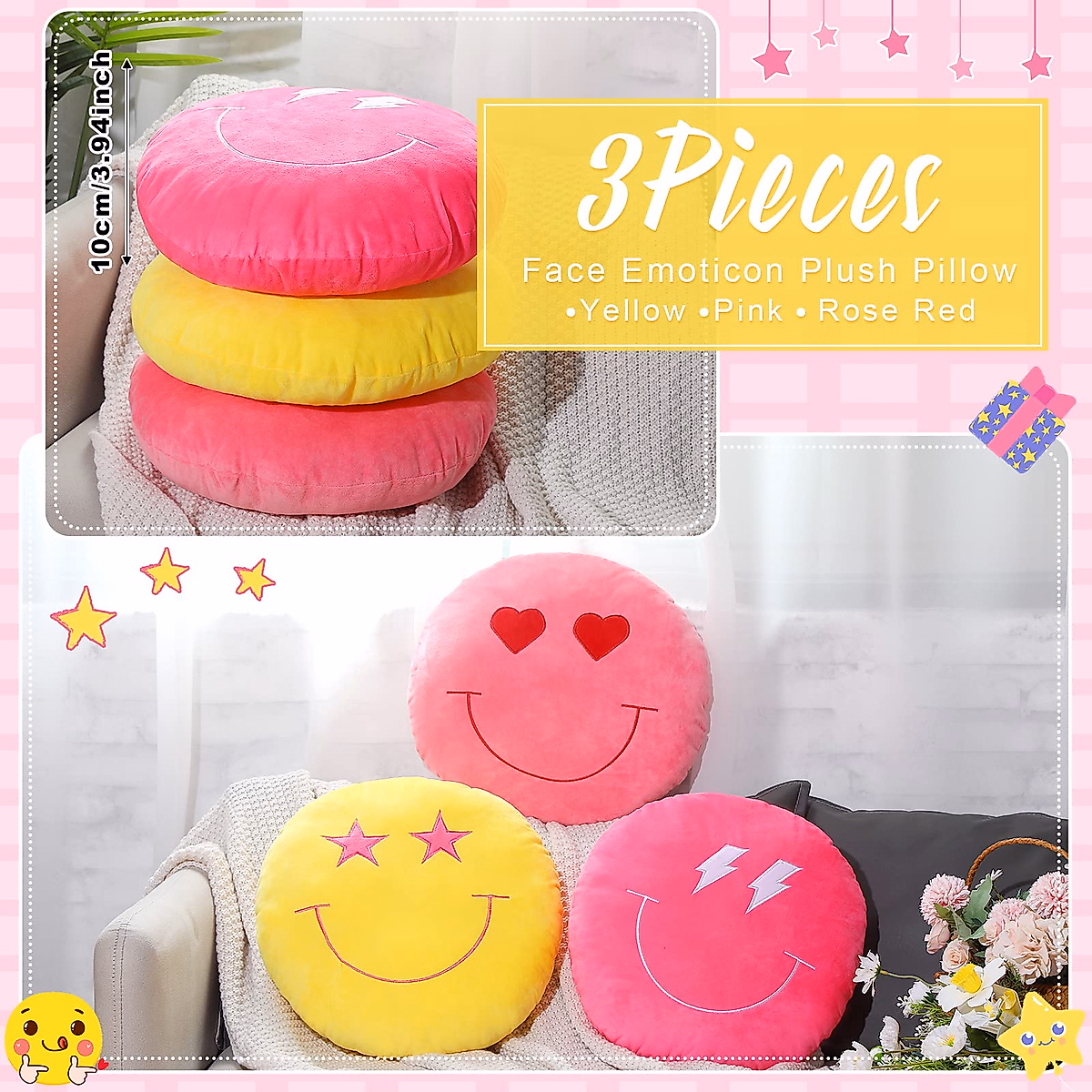 3 Pcs 16 Inch Face Emoticon Cushion Stuffed Plush Pillow, 3D Round Throw Pillows with Embroidery Pattern Cute Round Floor Cushion Decorative Plush Throw Pillows for Car, Bed, Couch, Sofa, Office Home
