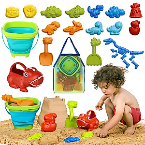 Lehoo Castle Beach Sand Toys, Sandbox Toys with Collapsible Sand Buckets and Shovels for Kids, Included Dinosaur Sand Molds, Mesh Bag, Watering Can, Summer Outdoor Toys for Boys Girls