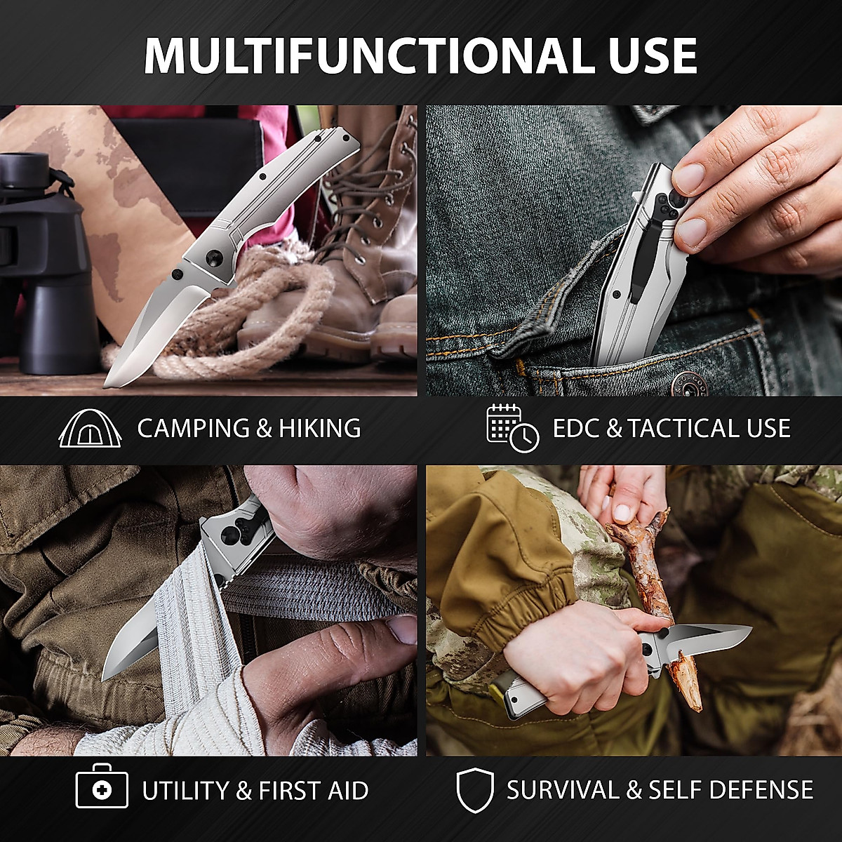 3.5" Blade Pocket Knife - Sharp Folding Knives for Men Women - Tactical Survival Camping Hunting Knofe - Gray EDC Knife with Pocket Clip - Gift for Men - Stocking Stuffers 140106