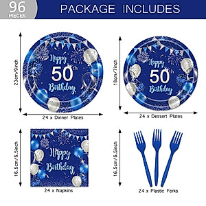 96 Pcs Blue 50th Birthday Party Plates Napkins Tableware Set Happy Birthday Supplies Navy Blue and Silver Disposable Dinnerware Decoration Favors for Women Men 24 Guests