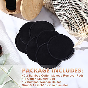Foaincore 40 Pcs Cotton Rounds Pads Reusable with Washable Laundry Bag Waste Free Facial Round Soft Reusable Face Pad Large Bamboo Cotton Rounds for Toner with Bamboo Holder for Storage(Black)