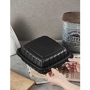 Jaluxing 8X8 3-Compartment 50-Pack Plastic Clamshell Takeout Food Trays Heavy Duty Togo Disposable Box Carryout Meal Prep Packaging Catering Hinged Containers With Secure Snap Lid (Formerly FULING)