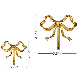 TIMCHESS 2Pcs 3.75 x 3.94 inches Gold Bow Hooks for Wall, Brass Bow Hooks Door Hanger, Decorative Towel Hooks Coat Hat Hooks, Bow Wall Decor for Bathroom Kitchen Living Room