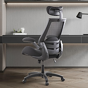 BOLISS Office Chair,with Thicken Seat Cushion Waist Support Adjustable Headrest Flipped Arms Erogonomic Office Desk Chair,Suilt for Home and Office-Gry