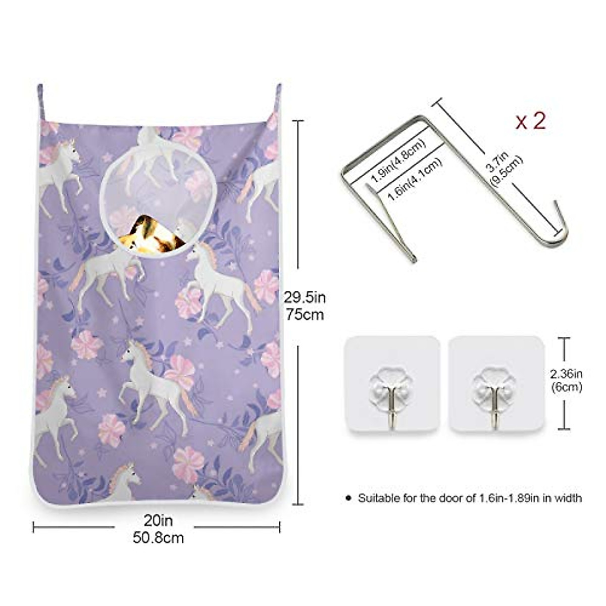 Oyihfvs White Unicorns Pink Flowers Stars On Purple Floral 1PC Hanging Laundry Hamper Bag, Dirty Clothes Bag Over The Door, Wall Cloth Basket with Hooks Storage College Closet for Bathroom Bedroom