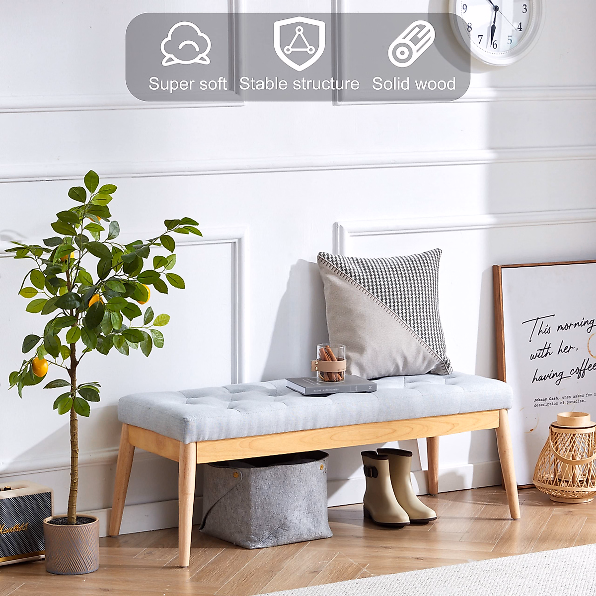 Kingfun Extra-Long Upholstered Tufted Bed Bench Seat for Bedroom, Entryway Wood Bench with Sturdy Wooden Legs, Buttoned Vanity Rectangle Dining Bench (Grey)