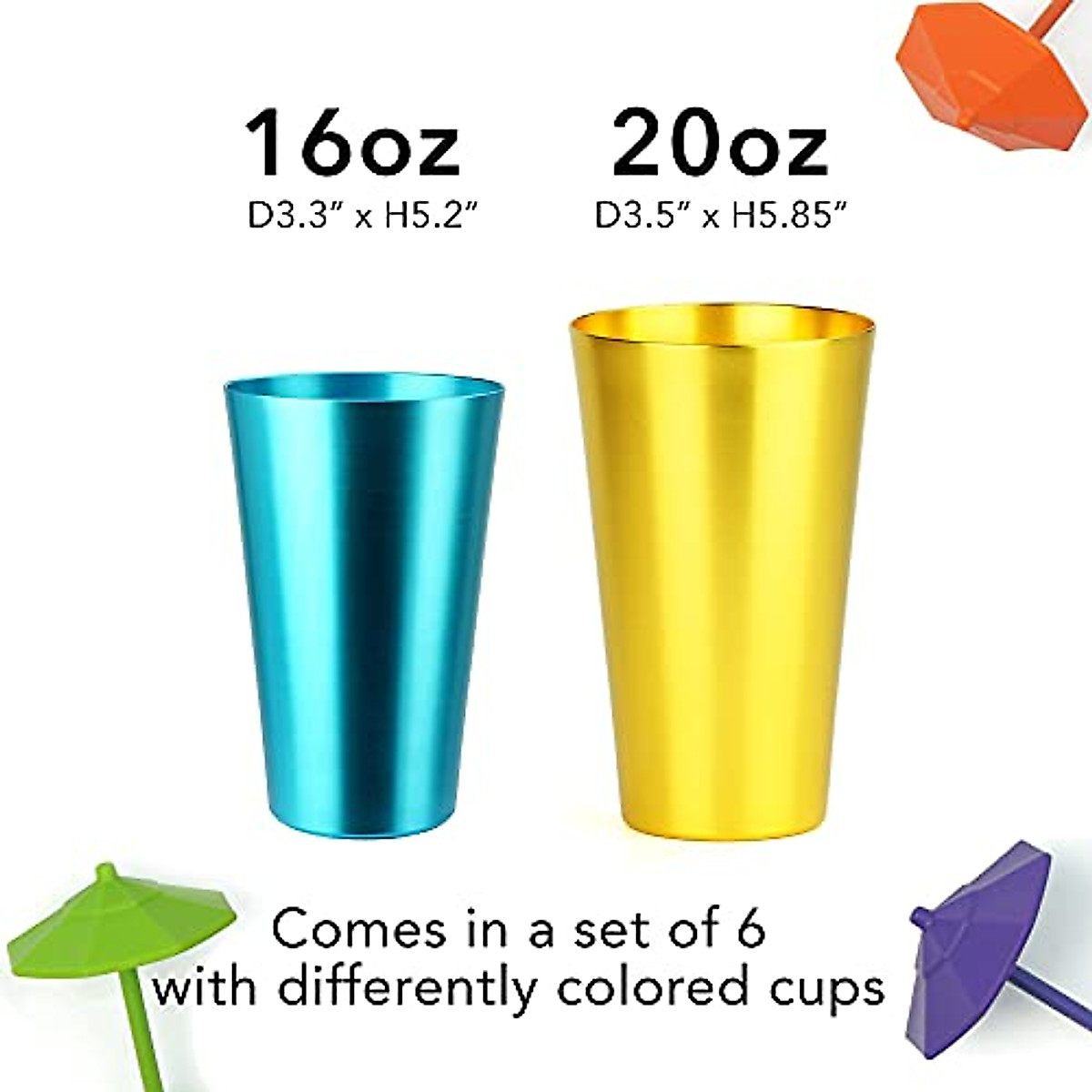 Aluminum Water Tumblers, Set of 6, Different Color, for Children and Adults, Travelling Tumblers, Party Tumblers, Stackable, 16oz (Large)