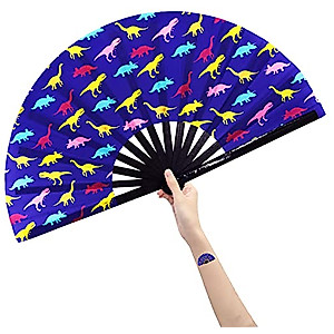 Amajiji Large Rave Folding Hand Fan for Men/Women, Chinease/Japanese Bamboo Hand Fan, Festival Accessories Performance Decoration Gift Dance Handheld Fan (Dinosaur)