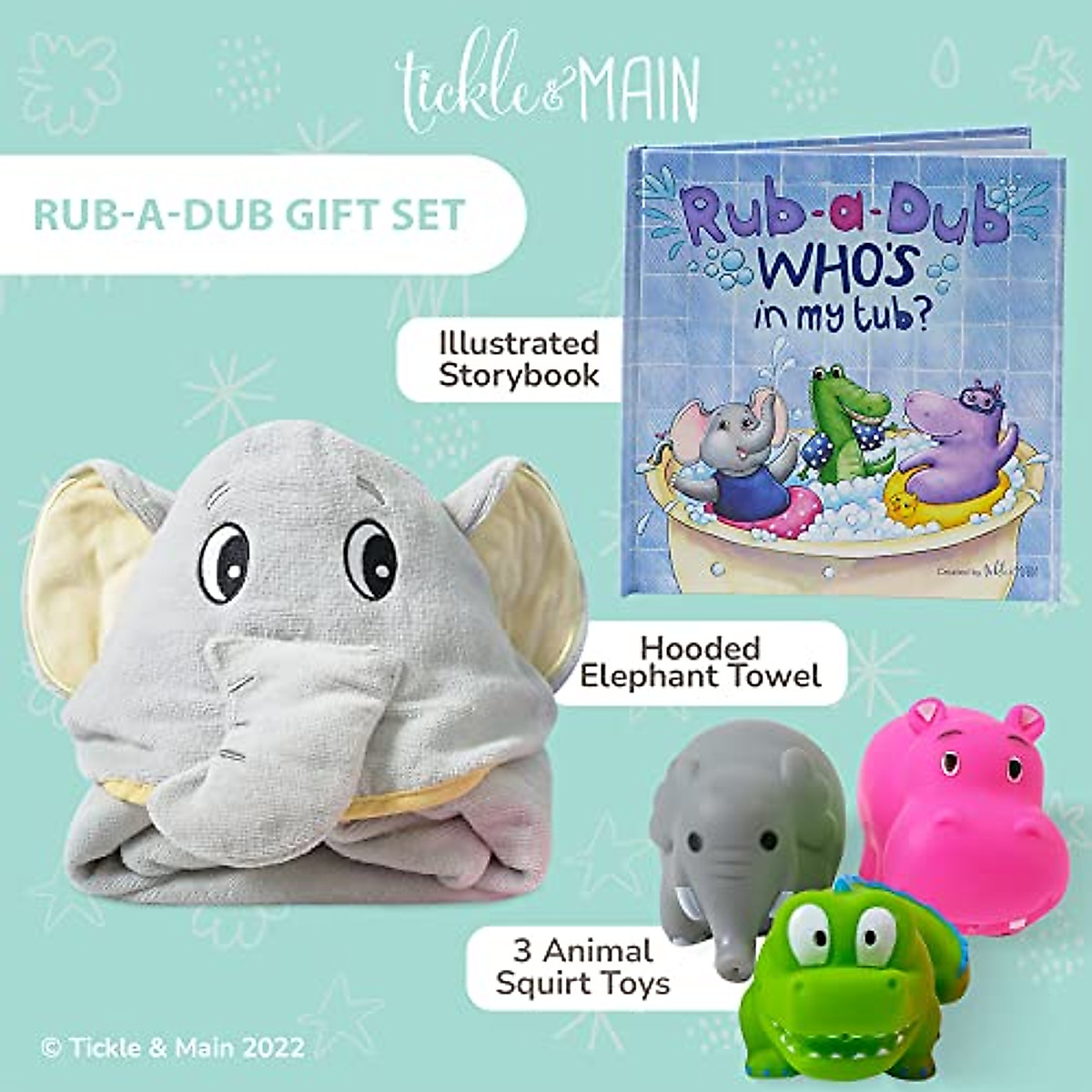 Tickle & Main Rub-a-Dub Gift Set, 5-Piece Bath Set Includes Elephant Hooded Towel, 3 Jungle Safari Squirt Toys, and Book for Boys and Girls!