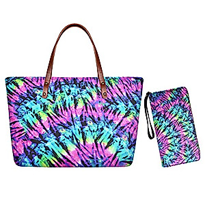 BYCHECAR Tie Dye Women Tote Handbag Purses Set Top Handle Shoulder Bags With Long Leather Wristlet Wallet