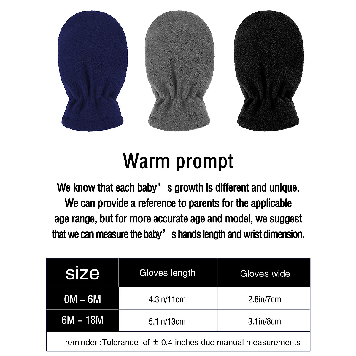 SATINIOR 3 Pairs Baby and Toddler Winter Mittens Kids Fleece Warm Mittens for Baby Boy Girl (Black, Navy Blue, Grey, 6-18 Months)