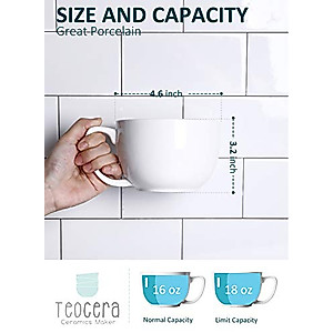 White Porcelain Jumbo Coffee Mugs Set of 4-16 Ounce Cups with Handle for Hot or Cold Drinks like Cocoa, Milk, Tea or Water - Smooth Ceramic with Modern Design