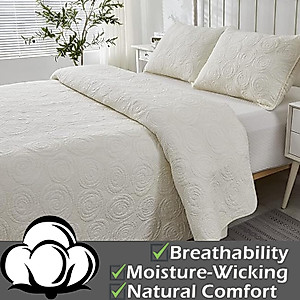 Brandream Cream White Quilt Set King Size Cotton Romantic Cream White Rose Matelasse Bedding Lightweight Quilted Comforter Set 3-Piece