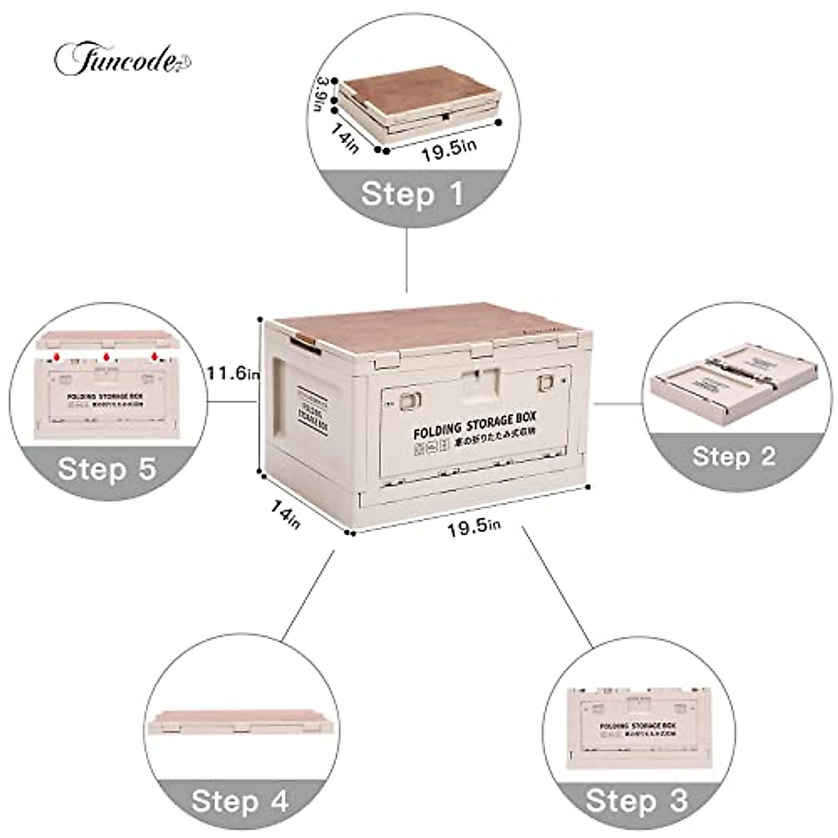 Funcode folding storage box with Wooden cover,for camping,car storage, home sorting. (khaki)