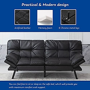 MLILY Modern Futon Sofa Bed, Convertible Sofa Loveseat with Adjustable Backrest and Armrest, Memory Foam Sleeper Couch Bed for Office, Living Room, Bedroom and Sitting Room, Black