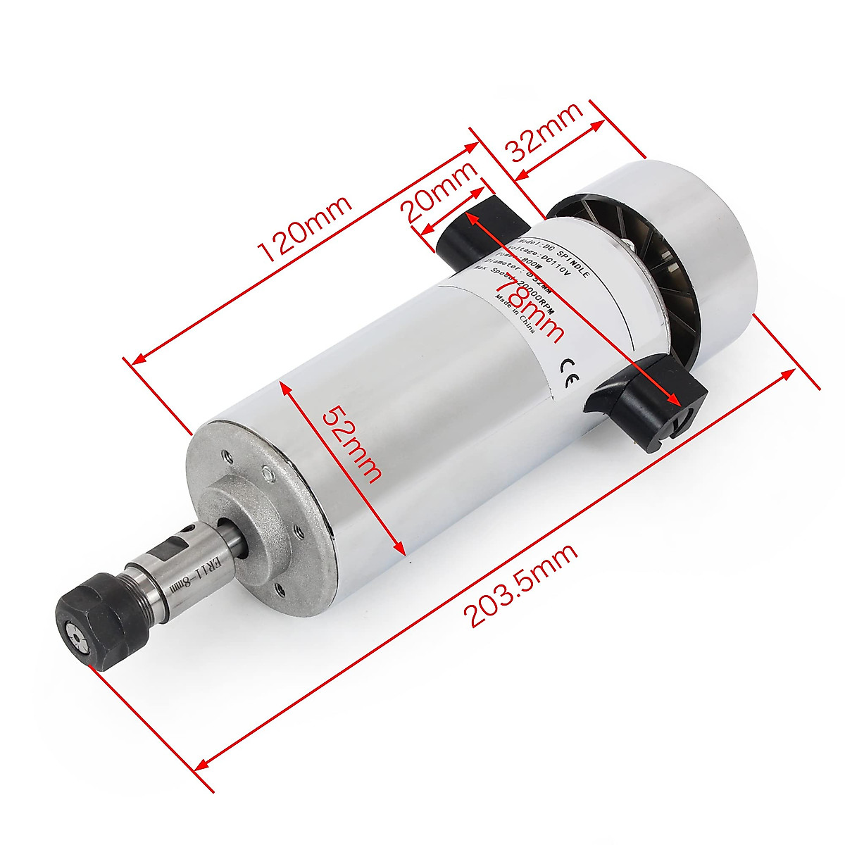 RATTMMOTOR 800W Spindle Motor Kit, 0.8KW 110V ER11 20000RPM 0.79NM Air Cooled DC Spindle Motor+Mach3 Fuction Motor Speed Controller Power Supply Converter AC110V/220V+52mm Mount Clamp for CNC Machine