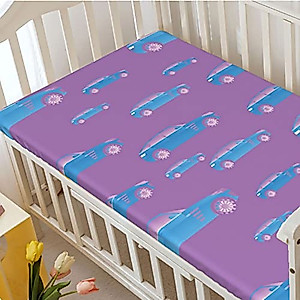 Cars Themed Fitted Crib Sheet,Standard Crib Mattress Fitted Sheet Soft & Stretchy Fitted Crib Sheet-Great for Boy or Girl Room or Nursery, 28“ x52“,Fuchsia Blue