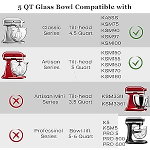 Glass Bowl Compatible With KITCHENAID 4.5/5 QT Tilt-Head Stand Mixer,with Measurement Markings,Allows Placing it in the Microwave and Refrigeratr