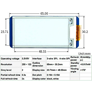 2.13inch E-Ink Display HAT V4 Version, Black/White Two-Color 250x122 Pixel E-Paper Module for Raspberry Pi 5/ 4B/3B+/3B/2B/A+/Zero W/WH/Zero 2 W/Jetson Nano SPI Interface, Support Partial Refresh