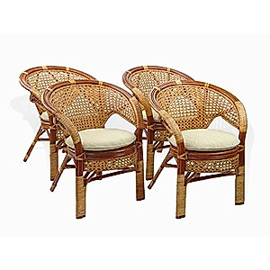 5-Pc Pelangi Rattan Wicker Dining Set with Round Table Glass Top + 4 Arm Chairs, Colonial Color