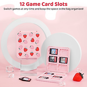 RHOTALL Pink Travel Bag for Nintendo Switch/Lite/OLED,Large Capacity Portable Carrying Case Compatible for Chest Shoulder Accessories Storage Backpack with12 Slots Game Case,Thumb Grip Caps-Strawberry