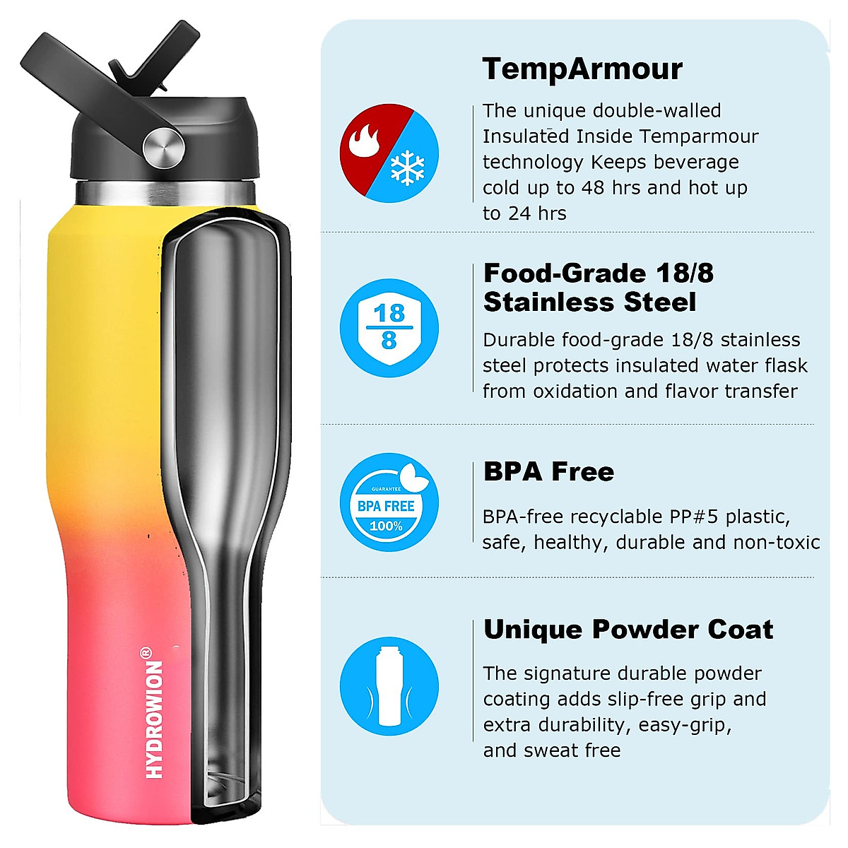HYDROWION Water Bottle, 32oz Double Wall Vacuum Stainless Steel Insulated Water Flask with Straw Lid, Spout Lid and Flex Cap(Cold for 48 Hrs, Hot for 24 Hrs), Leakproof Travel Thermo Mug, Yellow&Pink