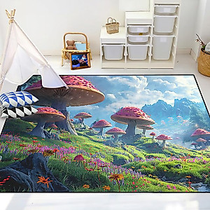 CDIWIDH Mushroom Rug for Girls Room - Pink Mushroom Area Rug 5'X7' Kids Rugs for Bedroom Girls Boys Cute Mushroom Prints Rugs Decor for Girls Bedroom Living Room Kids Play Rug 5x7 Feet