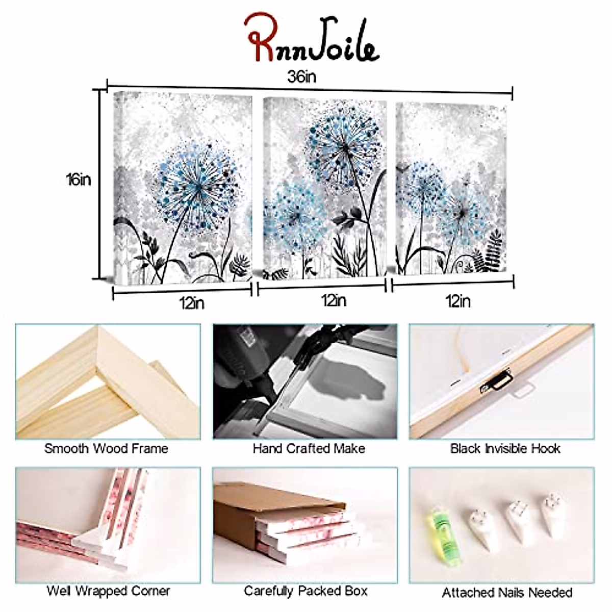 RnnJoile Blue Dandelion Wall Art Set 3 Pieces Grey Abstract Flower Canvas Artwork 12"x16" for Each