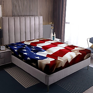 Erosebridal United States Sheet Set Teens American Flag Fitted Sheet Full, Blue Red Bedding Set Geometric Stripes Bed Sheet with Deep Pocket, 4 Pcs with 1 Fitted Sheet, 1 Flat Sheet, 2 Pillow Cases