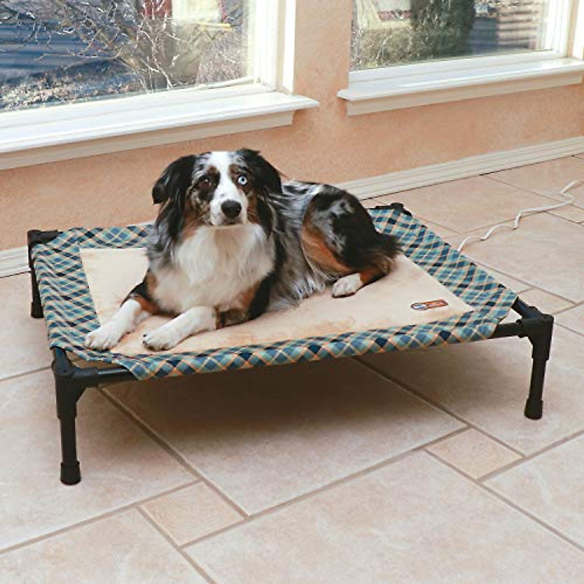 K&H Pet Products Thermo-Pet Cot Heated Elevated Dog Bed - Blue Plaid/Tan, Medium 25 X 32 X 7 Inches