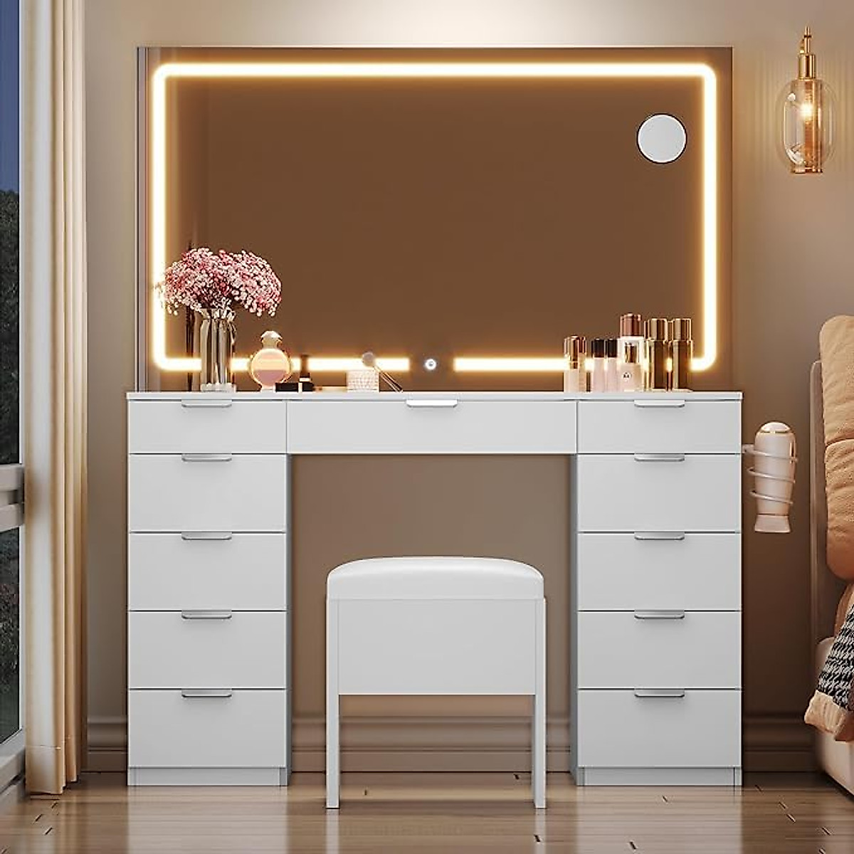 DWVO Vanity Desk with LED-Lit Mirror & Lights, Makeup Vanity Station with 11 Compartments and Magnifier, 46'' Dressing Table with Electrical Socket and Seating Storage for Bedroom, Frost White