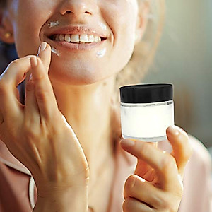 24 Pack 1oz Clear Round Glass Jars - Empty Cosmetic Containers with Inner Liners, black Lids and Glass Sample Jars with labels For Slime, Beauty Products, Cosmetic, Lotion，Powders and Ointments