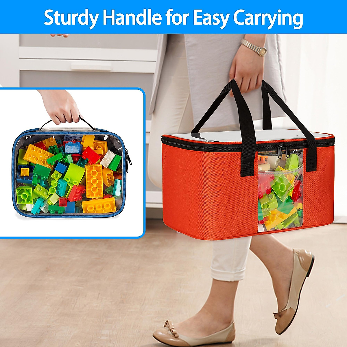 Rexmica Large Toy Storage Organizer with 3 Small Zipper Bags Compatible with Lego Bricks, Travel Organizer Case for Building Blocks, Car Toy, Dolls, Crafts, Magnetic Tiles, Board Game Storage Case