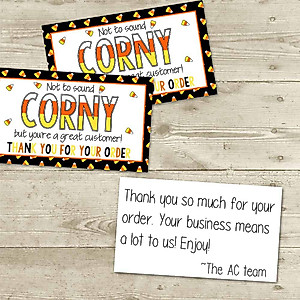 Funny Candy Corn Halloween Treat Themed Thank You Customer Appreciation Package Inserts for Small Businesses, 100 2" X 3.5” Single Sided Insert Cards by AmandaCreation