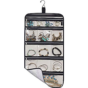 MISSLO Hanging Jewelry Organizer Travel Foldable Jewelry Roll Storage Case with 14 Cotton Zippered Pockets for Traveling, Closet, Suitcase