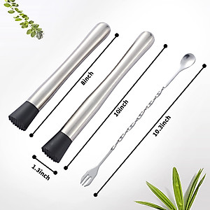 10 inch & 8 inch Stainless Steel Cocktail Muddler with 2 Mixing Spoon, Home Bar Tool Set, for Making & Creating Delicious Mojitos, & Other Fruit Based Drinks & Beverages in Various Containers
