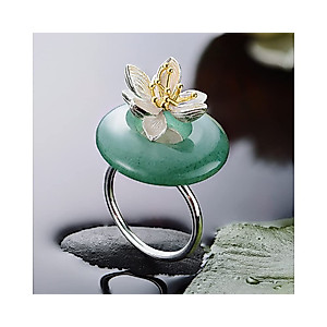 Stunning Lotus Flower Ring with Natural Gemstone Aventurine in 925 Sterling Silver Adjustable Ring Size Women Fine Handmade Jewelry - PremiumPearl