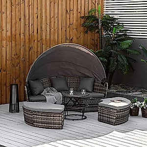 Outsunny 4pc Rattan Patio Furniture Set, Round Convertible Daybed or Sunbed, Adjustable Sun Canopy, Sectional Outdoor Sofa, 2 Chairs, Extending Tea Table, 3 Pillows, PE Plastic Wicker, Gray