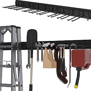 Yimeka Garage Wall Mount Storage Power Tool Organizer, 15 Piece Garden Tool Rack with 12 Adjustable Heavy Duty Storage Hooks, 48" Ladder Hanger, Max Load 300 lbs Shovel Rack Storage System for Yards