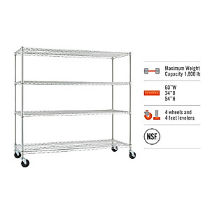 TRINITY Basics 4-Tier Adjustable Wire Shelving with Wheels for Kitchen Organization, Garage Storage, Laundry Room, NSF Certified, 600 to 1800 Pound Capacity, 60” by 24” by 54”, EcoStorage Chrome
