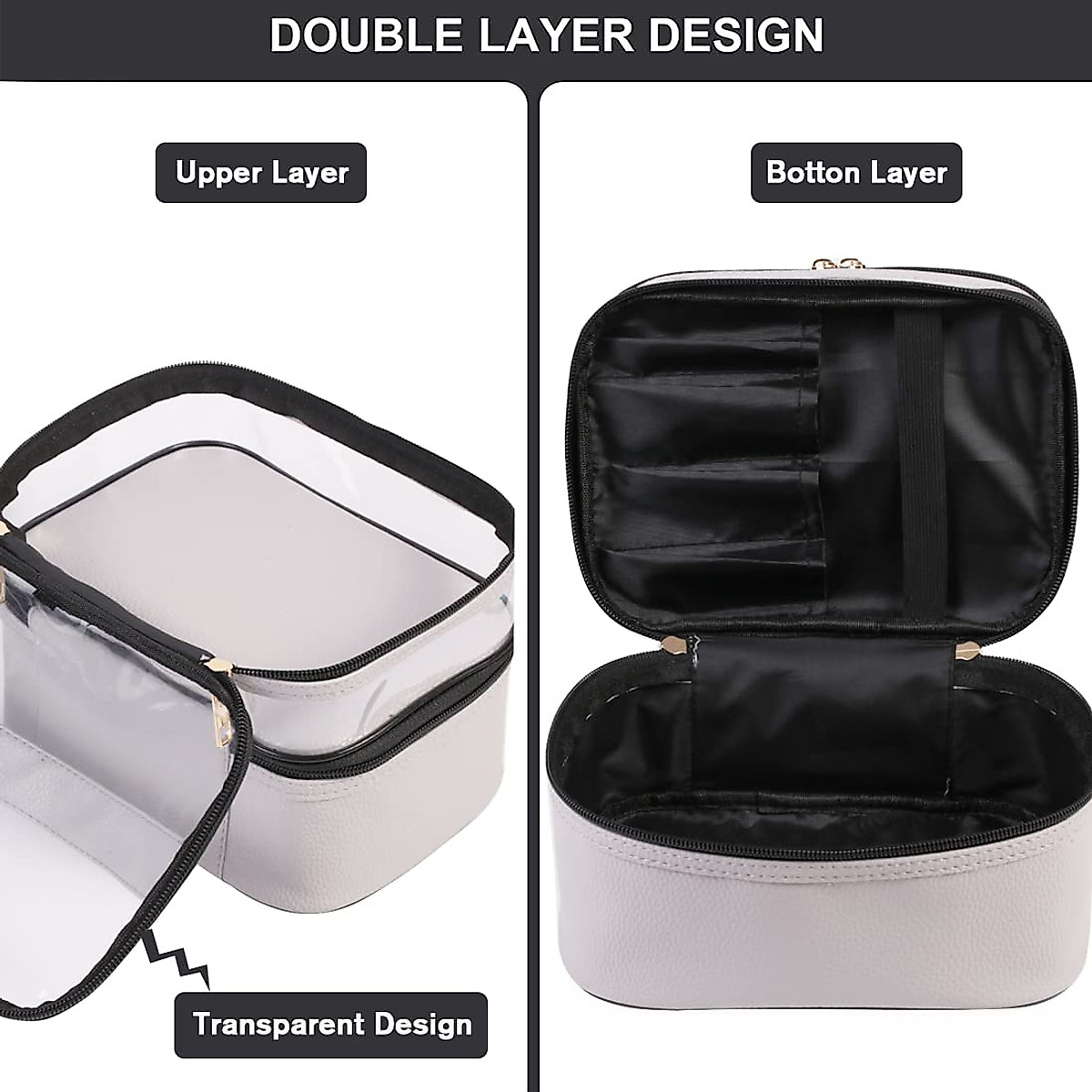 FITINI Makeup Bags Double Layer Travel Storage Cosmetic Cases Make up Organizer Toiletry Bags Water-resistant for Women Makeup Brush Bag,Gray