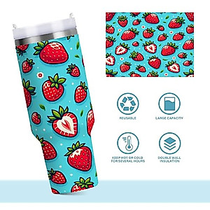 Jihqo Cute Strawberry Red Blue 40 oz Stainless Steel Vacuum Insulated Tumbler with Handle and Straw Lid, Leakproof Water Bottle Double Wall Travel Mug Coffee Cup, Cupholder Friendly