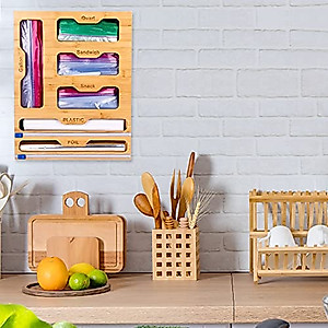 Shaw Limited Ziplock Bag Organizer - Bamboo, 6 in 1 Wrap Dispenser with Cutter, Perfect for Gallon, Quart, Sandwich & Snack Bag, Cling Film, Aluminum Foil etc; Compatible with 12" Kitchen Rolls