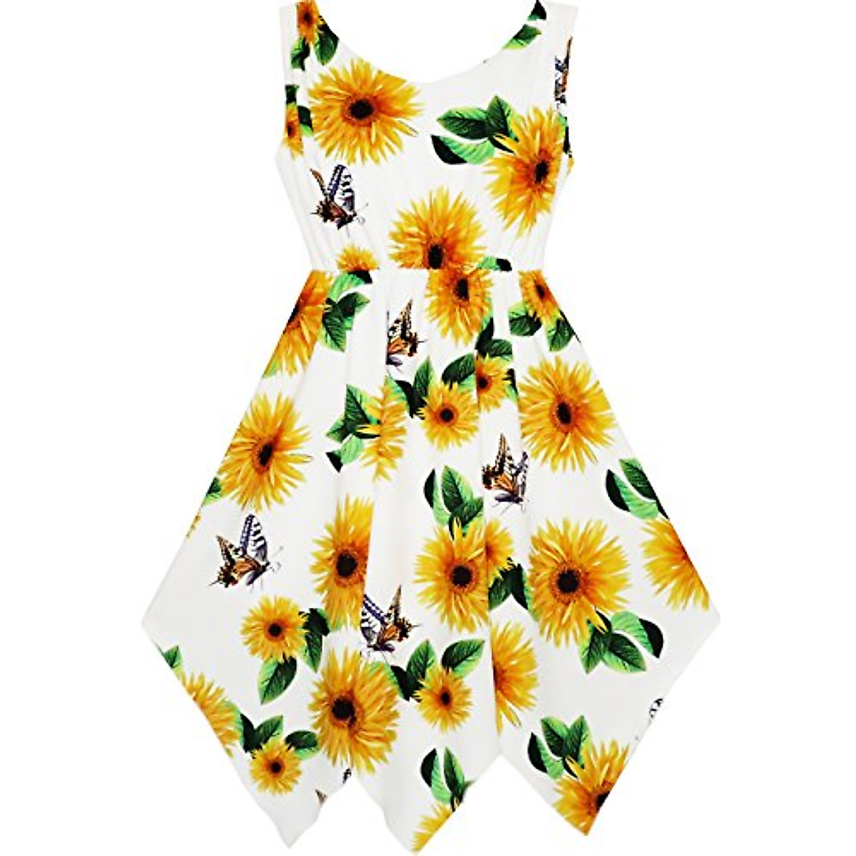 JE32 Girls Dress Sunflower Butterfly Hanky Hem Party Beach Necklace Size 8,Yellow,