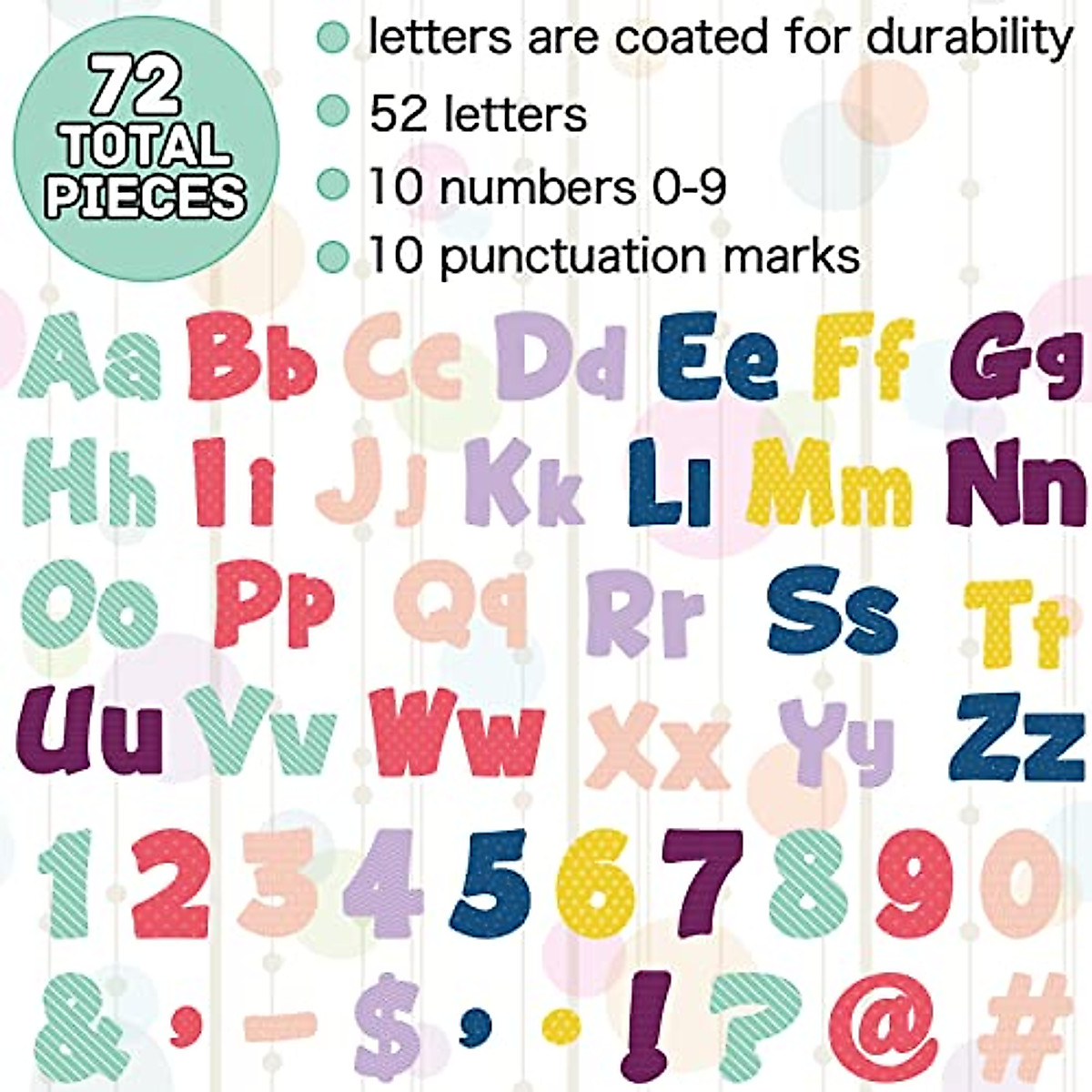 72 Pieces Boho Prints Letters Cutout Rainbow Bulletin Board Letters Boho Letter and Number Accents Boho Rainbow Texture Letters Wall Decors with 60 Glue Point Dots for Kids Nursery School Classroom