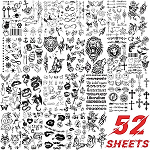 EGMBGM 52 Sheets Tiny Small Temporary Tattoos For Kids Boys Girls, Tribal Animals Butterfly Anchor Compass Tattoo Stickers For Men Women, 3D Cute Flower Fake Face Tatoo Kits Sets For Neck Arm Hands