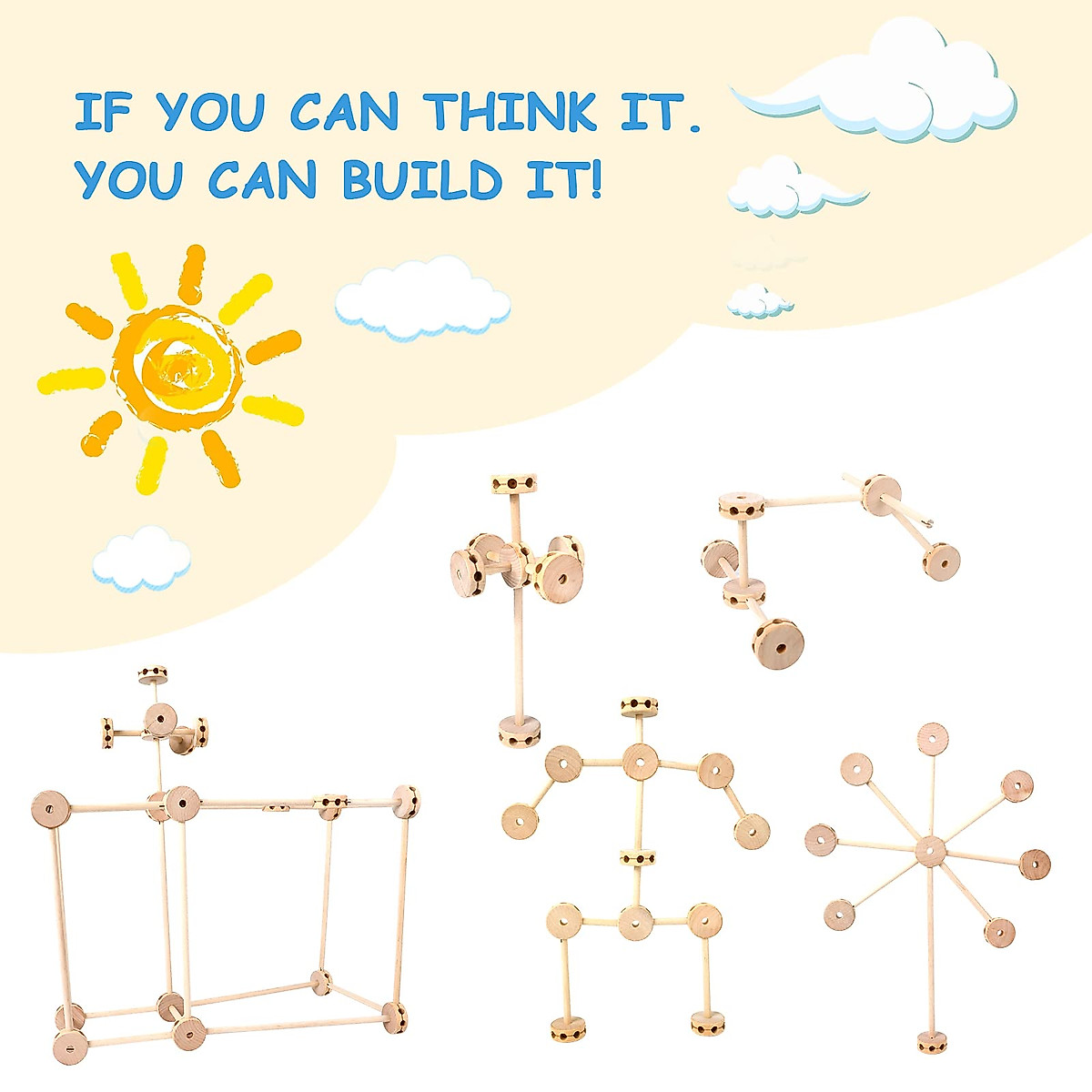 WODI Wooden Building Blocks，60 PCS Tiny Educational Natural Wood Stem Toys, DIY Wooden Blocks Splicing, Montessori Building Blocks Building Blocks for Kids Ages 4-8 to Create Various Shapes