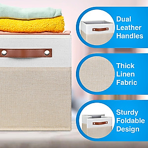 Pomatree 11 Inch Cube Storage Bin - 6 Pack - Linen Fabric Cubby Storage Bins for Bedroom, Living Room, Clothes and Toys, Shelves and Closet Organizer; Foldable, Dual Leather Handles (White & Beige)