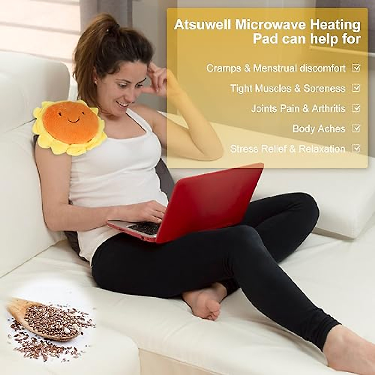 Atsuwell Microwave Heating Pad, Multipurpose Warm Moist Heat Pillow, Fluffy Microwavable Heat Pad for Pain Relief, Moist Heat Compress for Cramps, Muscles, Joints, Back, Neck and Shoulders, Yellow Sun